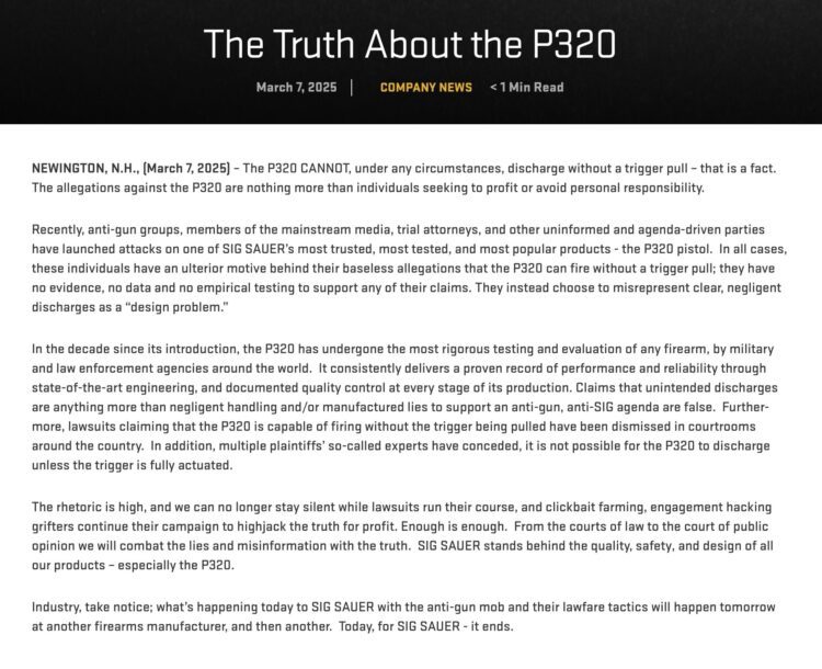 SIG Sauer Defends P320 Amid Controversy Over Alleged Unintended ...